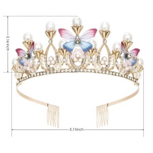 Makone Girls Tiara Butterfly Princess Crown with Comb Gold Pearl Headband Rhinestone Hair Accessories for Halloween Birthday Wedding Bridal Prom Christmas Gifts