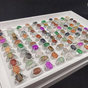 XSWLKJ Wholesale lots 50Pcs Wholesale Lot Mixed Ring Natural Stone Rings Women Gemstone Jewelry Bulk