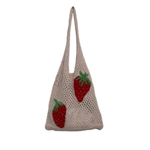 women fairycore hobo bag trendy strawberry knitted shoulder bags mesh hollow tote bag aesthetic fairy grunge beach purse (beige)