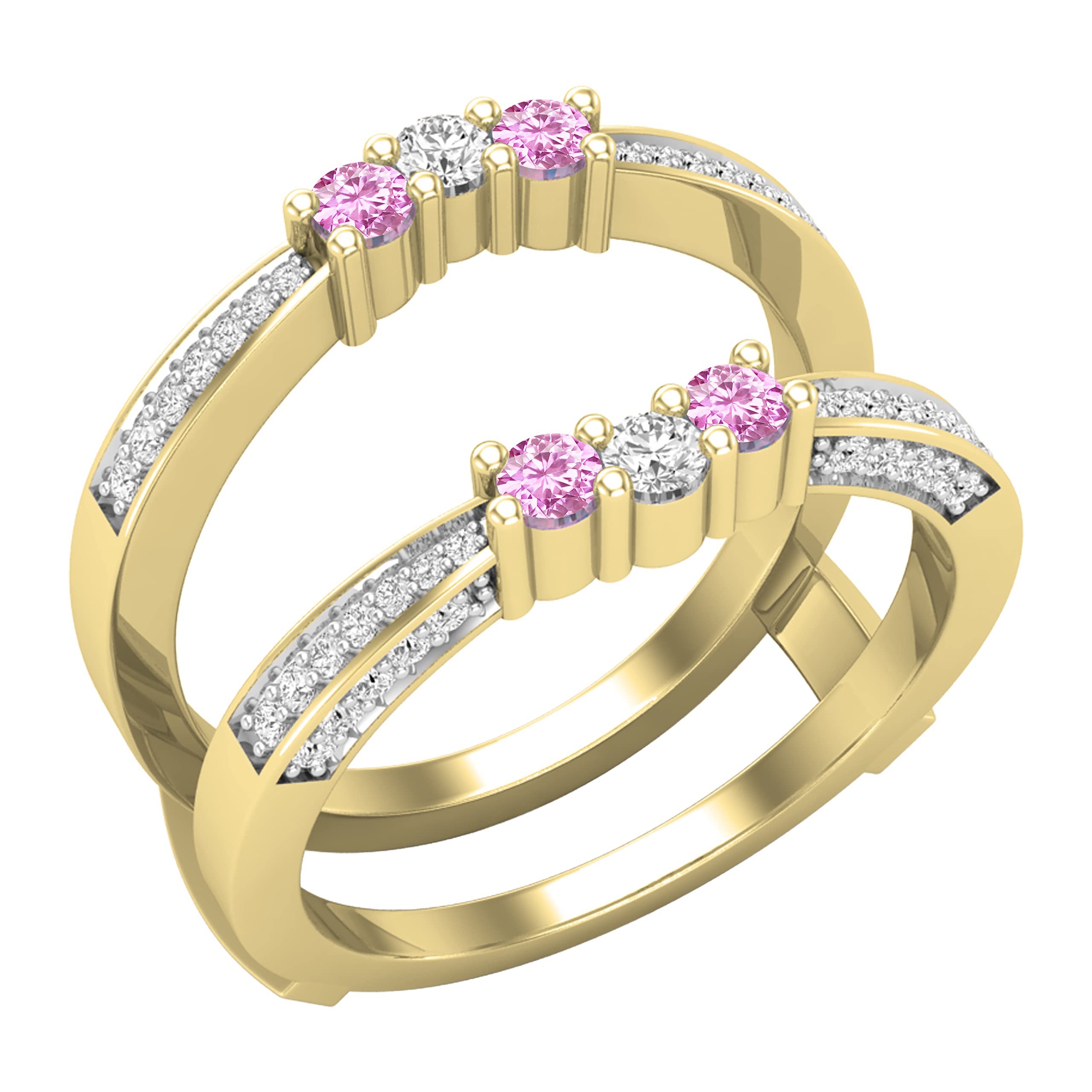 Dazzlingrock Collection Round Pink Sapphire and White Diamond Enhancer Double Wrap Guard Anniversary Band Ring for Women in 14K Yellow Gold, Size 6.5