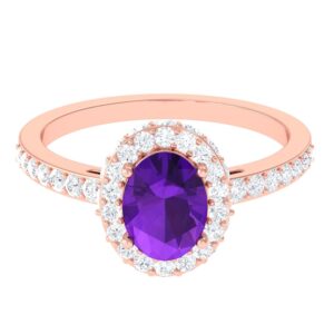 natural amethyst 6x8mm oval engagement ring, aaa quality, certified amethyst moissanite halo engagement ring, 14k rose gold, size:us 7.00