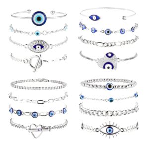 orazio 16pcs evil eye bracelets for women bangle link chain bracelet set silver tone(style 1)