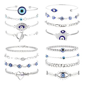 ORAZIO 16Pcs Evil Eye Bracelets for Women Bangle Link Chain Bracelet Set Silver Tone(Style 1)