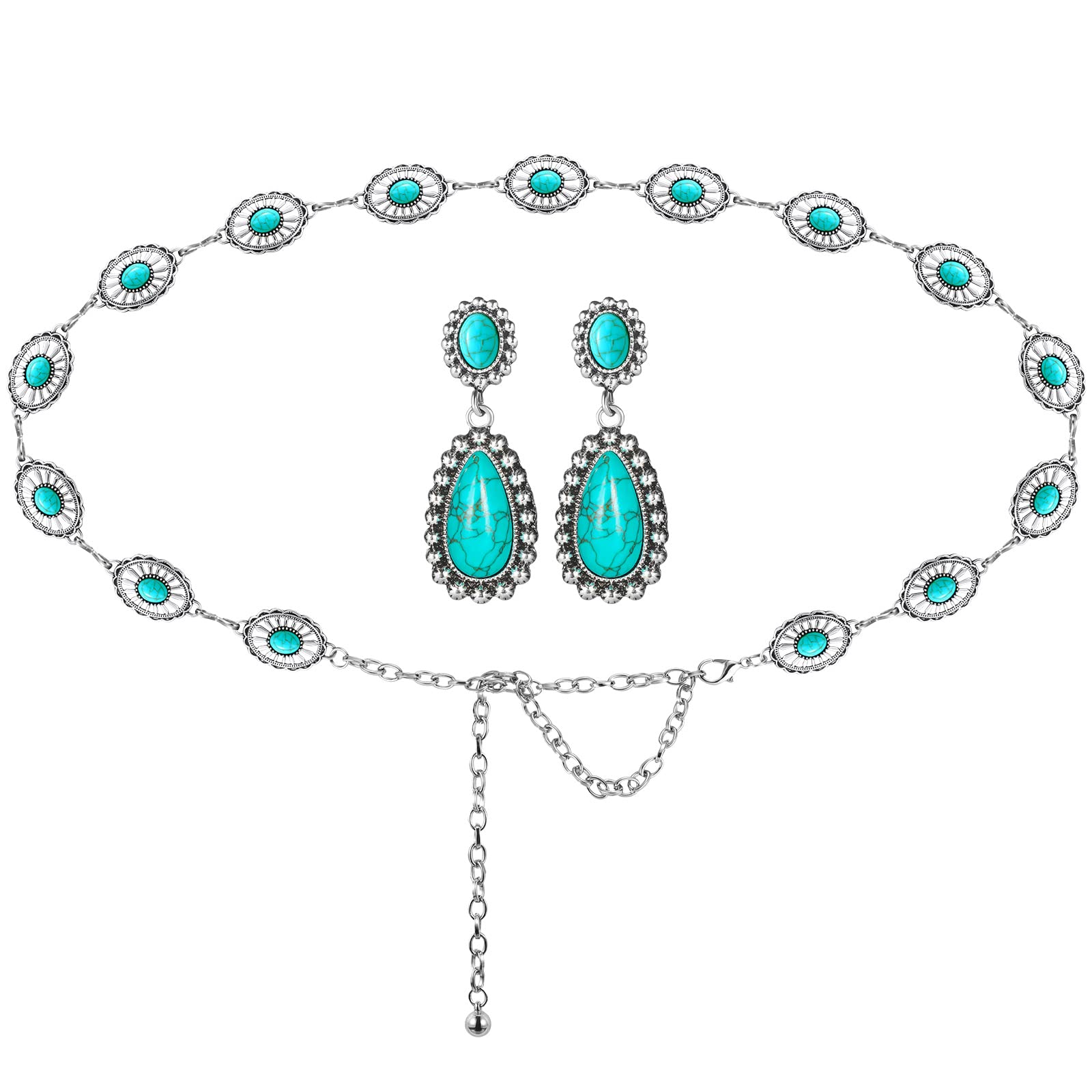 2 Pcs Concho Chain Belt Silver Women Turquoise Belts Flower Concho Chain Belt Handmade Dangle Earrings Western Style Jewelry Metal Belt for Women