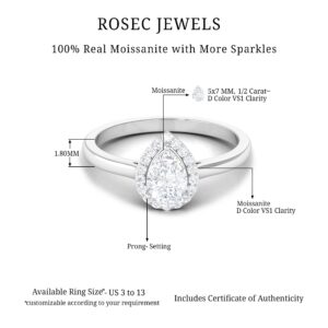 Rosec Jewels Certified Moissanite Halo Engagement Ring for Women, 1 CT Classic Moissanite Teardrop Ring, D Color VS1 Clarity, 14K White Gold, Size:US 7.00