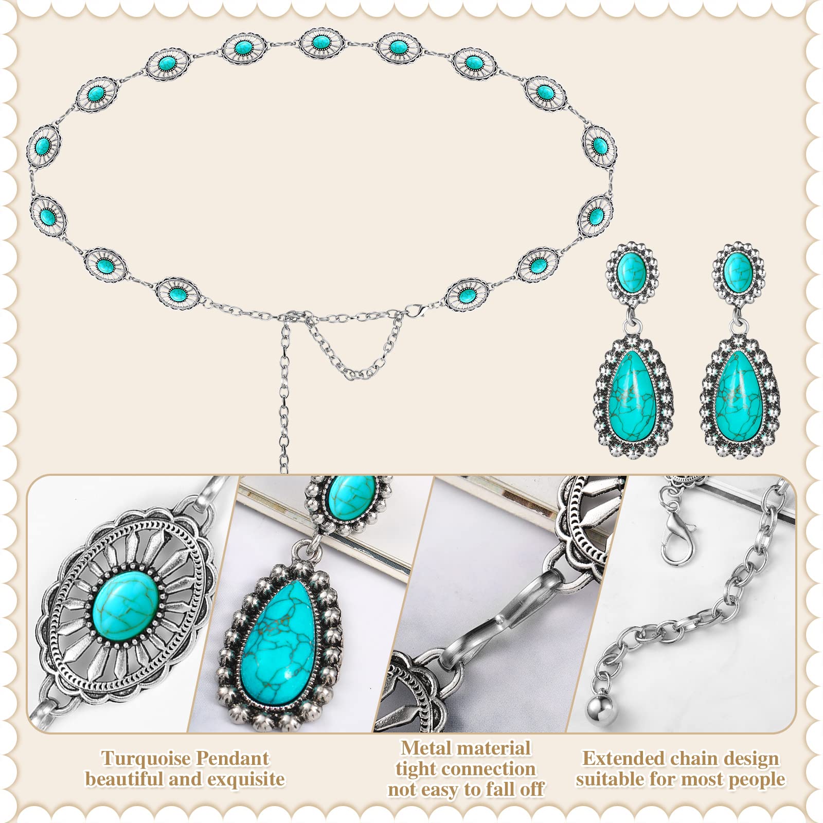 2 Pcs Concho Chain Belt Silver Women Turquoise Belts Flower Concho Chain Belt Handmade Dangle Earrings Western Style Jewelry Metal Belt for Women