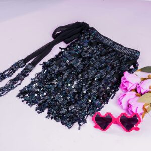 Belly Dance Hip Scarf Sequin Tassel Skirt Performance Outfits Sparkly Fringe Skirt Wrap Halloween Costume Party Rave Festival Clothing for Women and Girls, Black