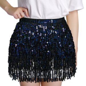 Belly Dance Hip Scarf Sequin Tassel Skirt Performance Outfits Sparkly Fringe Skirt Wrap Halloween Costume Party Rave Festival Clothing for Women and Girls, Black