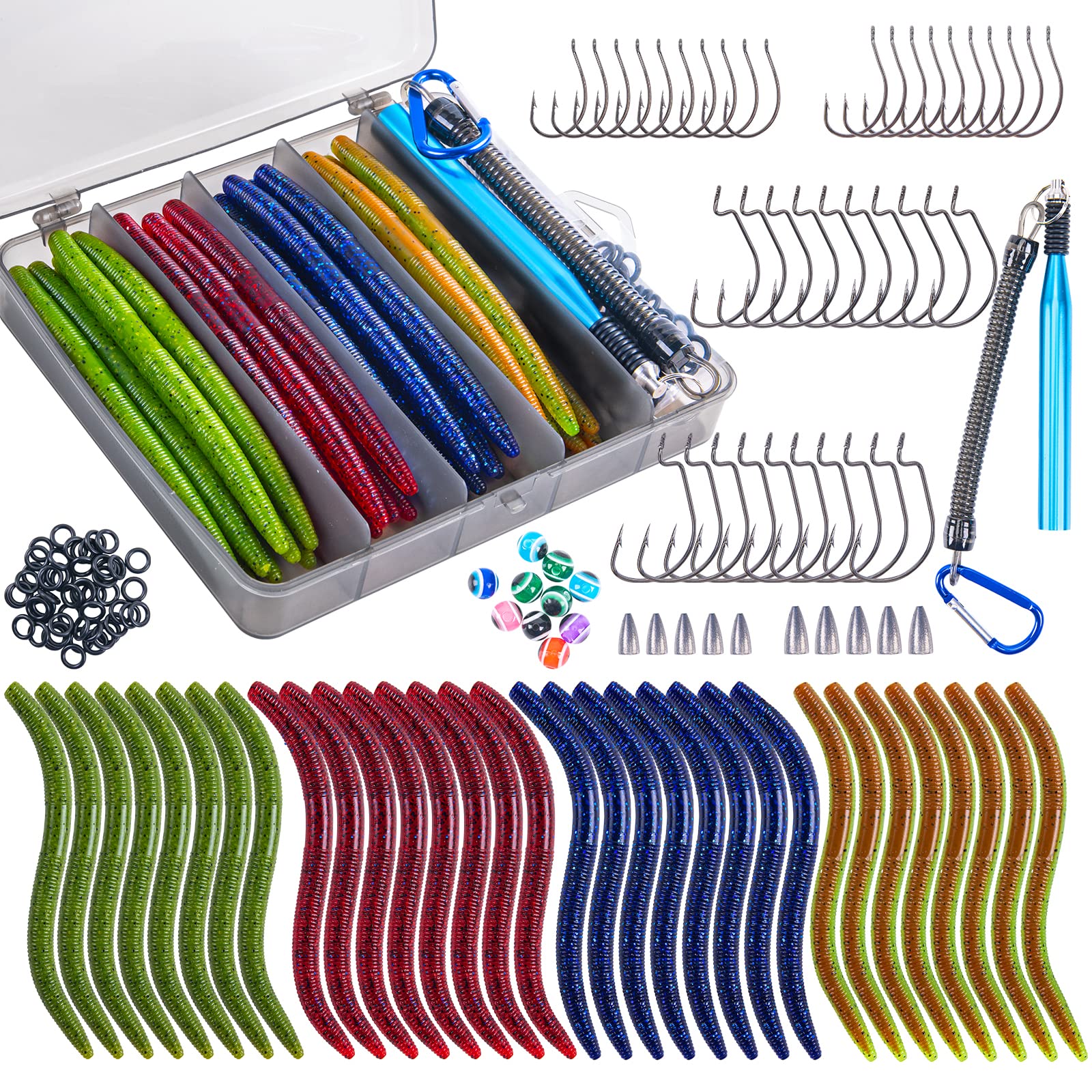 Goture 143PCS Wacky Worm Fishing Lure Kit, Bass Fishing Wacky Rig Kit, Wacky Rig Tool Kit with Soft Plastics Lures, Wacky Rig Tool, O-Rings, Worm Hooks, Drop Shot Hooks, Beads, Weights, Tackle Box