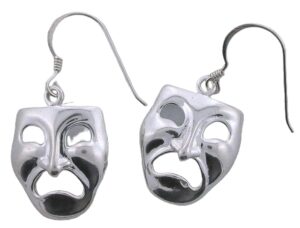 pair greek drama comedy tragedy mask dangle earrings .925 pure sterling silver