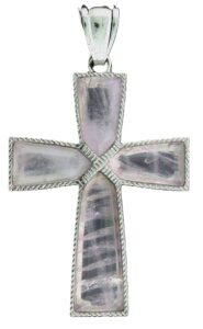 one large 2 3/10 inch silverplated gem stone gemstone rose quartz cross pendant