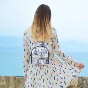 Funky Qiu Backpack Purse for Woman Chinoiserie Vintage Pagodas Tree PU Leather Fashion Mini Backpack Casual Bag