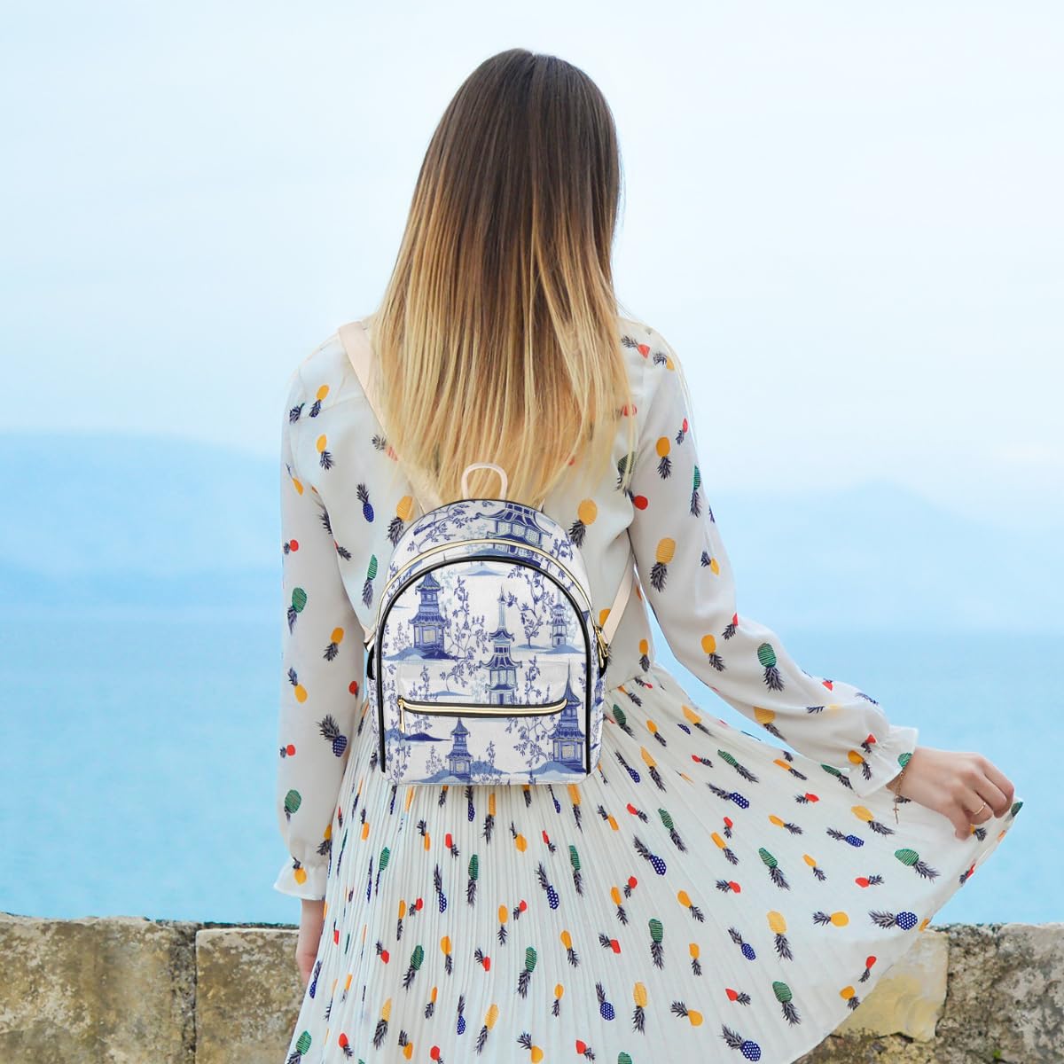 Funky Qiu Backpack Purse for Woman Chinoiserie Vintage Pagodas Tree PU Leather Fashion Mini Backpack Casual Bag