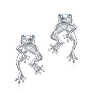 pytali frog earrings 925 sterling silver stud earrings cute fun funny earrings animal earrings frog jewelry for women (aquamarine eyes)