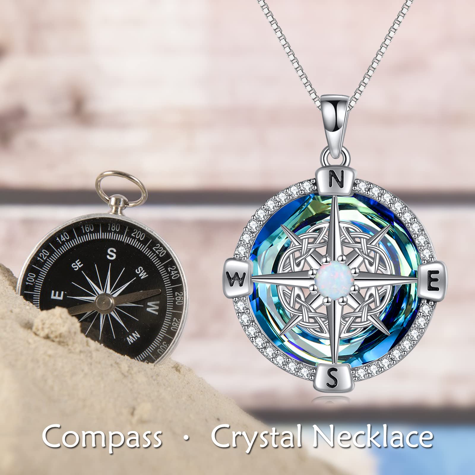 WINNICACA Compass Necklace for Women Compass Gifts for Teen Girls Sterling Silver Compass Jewelry Pendant with Blue Crystal Graduation Gift for Women