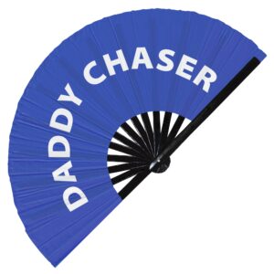 daddy chaser hand fan foldable bamboo circuit hand fan funny pride lgbt gag words slang expressions statement gifts festival accessories rave handheld circuit event clack fans (blue)