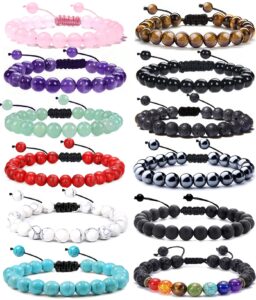 finzor 12pcs 8mm stone beads bracelets for women men semi-precious gemstone crystal beaded bracelets lava rock tiger eye amethyst chakra bracelets unisex adjustable