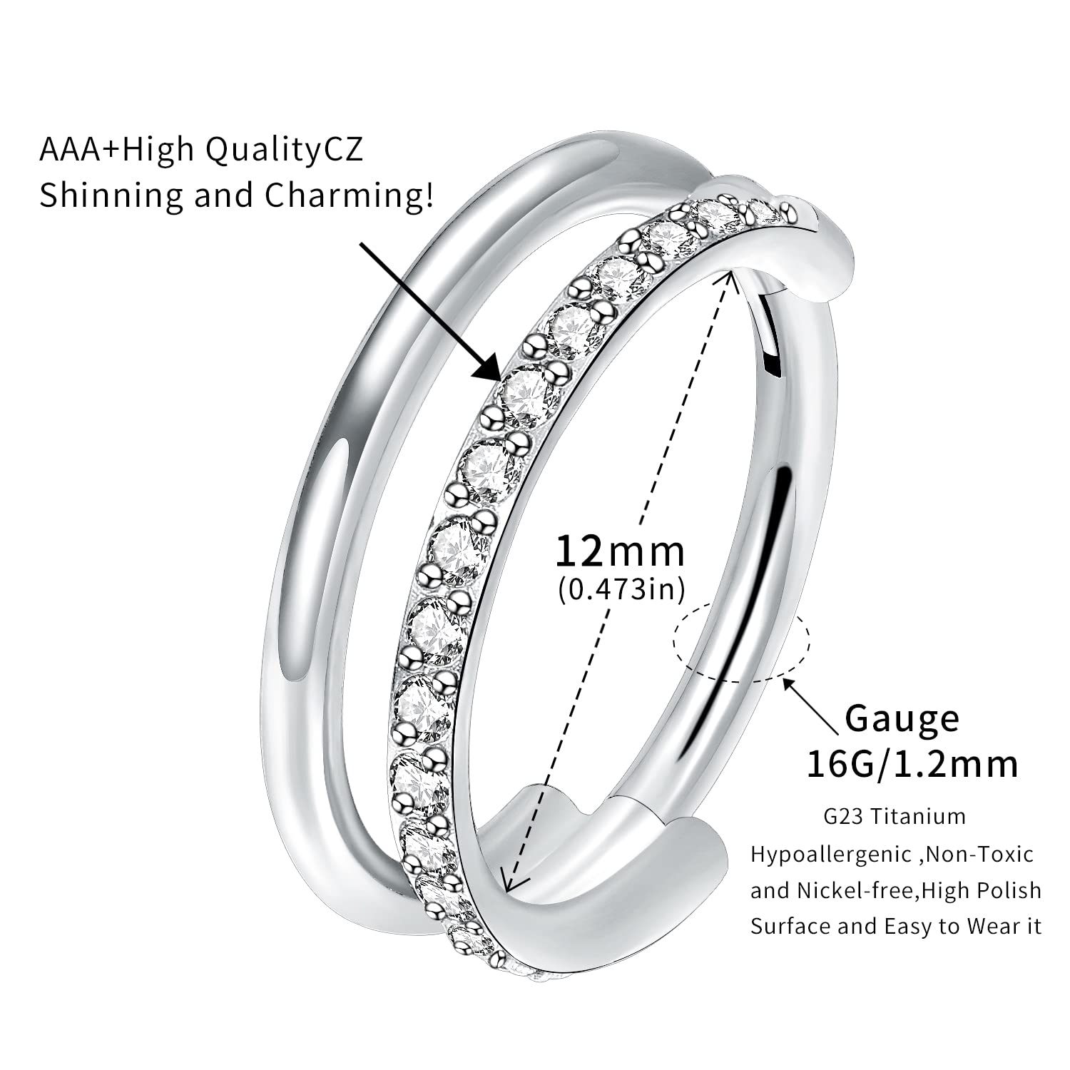 VOJO G23 Titanium 16G Cartilage Septum Hoop Piercing Jewelry Double Row Plated CZ Beads Conch Nose Rings Tragus for Women Men (12mm/0.472in, CZ Silver)