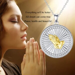 LONAGO Serenity Prayer Necklace with Praying Hands Coin Pendant, Praying Hands and Lord's Prayer Medal Pendant Necklace for Women