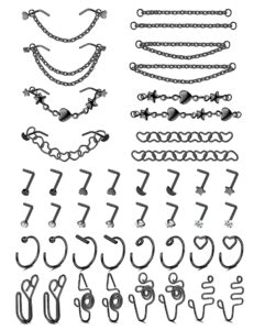 20g nose ring nose chain piercing across cz l shaped nose stud small nose hoop african cuff ring stainless steel double heart star nose ring chain piercing jewelry set for women men 32 pcs(black)