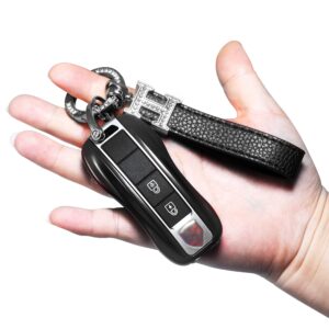 mini stun gun with led flashlight and wrist strap – unique key fob design (black)