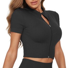 crop tops for women-short sleeve workout tops zipper ribbed v neck shirts for running,tennis,yoga,golf