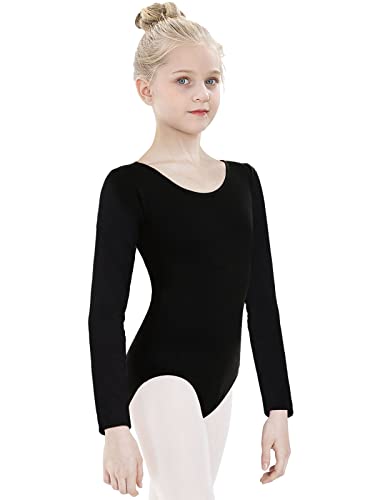 tanzdunsje Girls Dance Leotard Long Sleeve Black Ballet Leotard Crisscross Straps Back Dance Top Gymnastics for Girl Toddler Women (Black, 130)