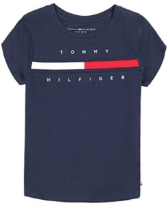 tommy hilfiger girls' short sleeve t-shirt with flag logo, cotton blend tee with tagless interior, navy blazer, 5