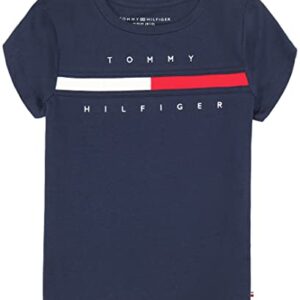 Tommy Hilfiger Girls' Short Sleeve T-Shirt with Flag Logo, Cotton Blend Tee with Tagless Interior, Navy Blazer, 5