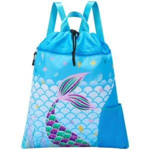 wawsam mermaid gym drawstring backpack - 15” × 17” sports gym bag for girls kids waterproof swimming beach sackpack birthday christmas gift with zippered pocket and water bottle pocket