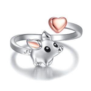 mic tai 925 sterling silver pig rings - cute heart animal adjustable thumb ring jewelry gift for women