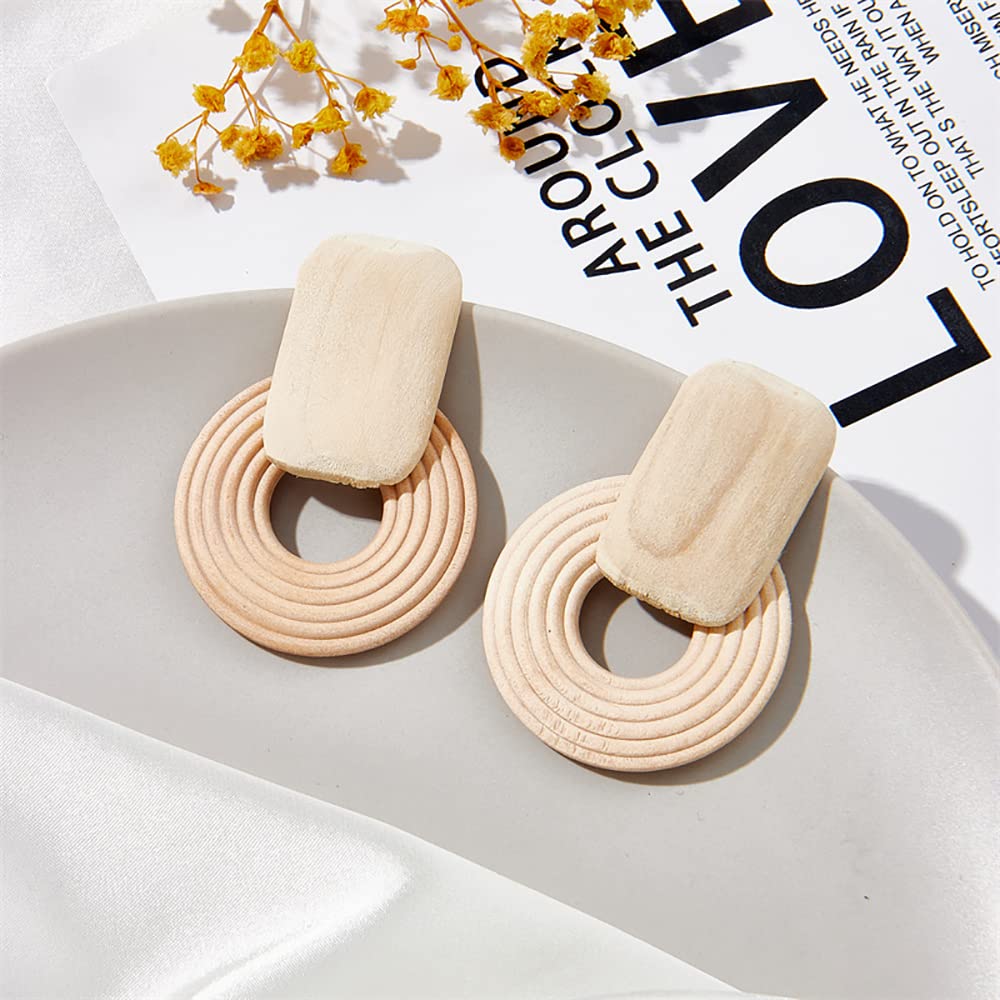 XUN Zhe 2 Pairs Bohemian Round Stud Earrings Set,Geometric Wooden Drop Earrings Boho Round Circle Wood Dangle Earrings for Women (Black White)