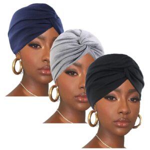 3pack turban chemo beanie, head wrap cap cotton india headwear for woman cancer patient (black&gray&navy)