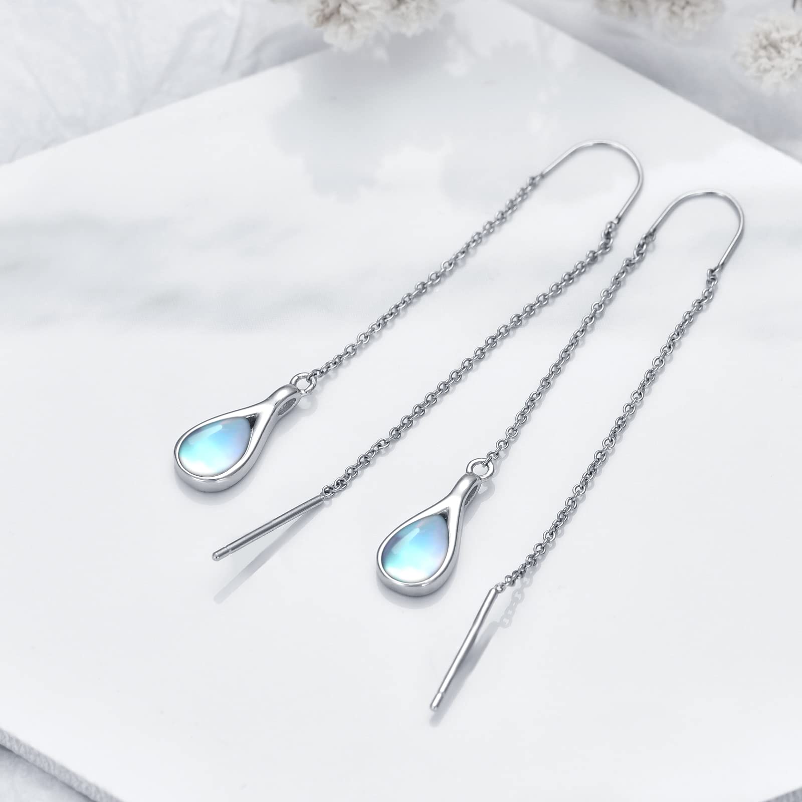 Moonstone Threader Earrings Long Chain Drop Earrings in 925 Sterling Silver