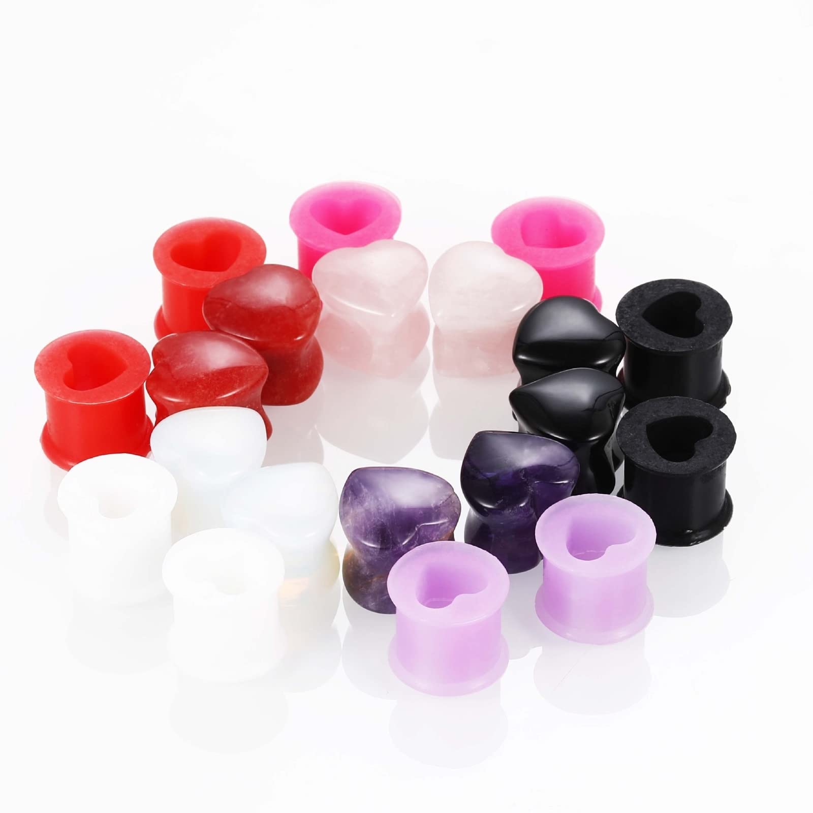 Hoisy 20PCS Tunnels for Ears Silicone, 00G Gauges for Women Silicone/Stone Ear Plugs Piercing Tunnels Gauges Colorful Heart Stone and Hoop 00G (10mm)