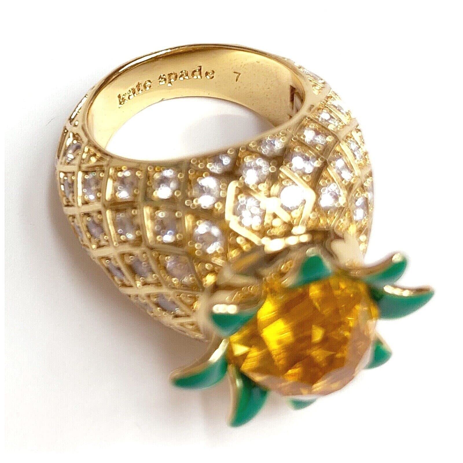 Kate Spade New York Pineapple Passion Gold Plated Metal Glass Stone Ring Size 7