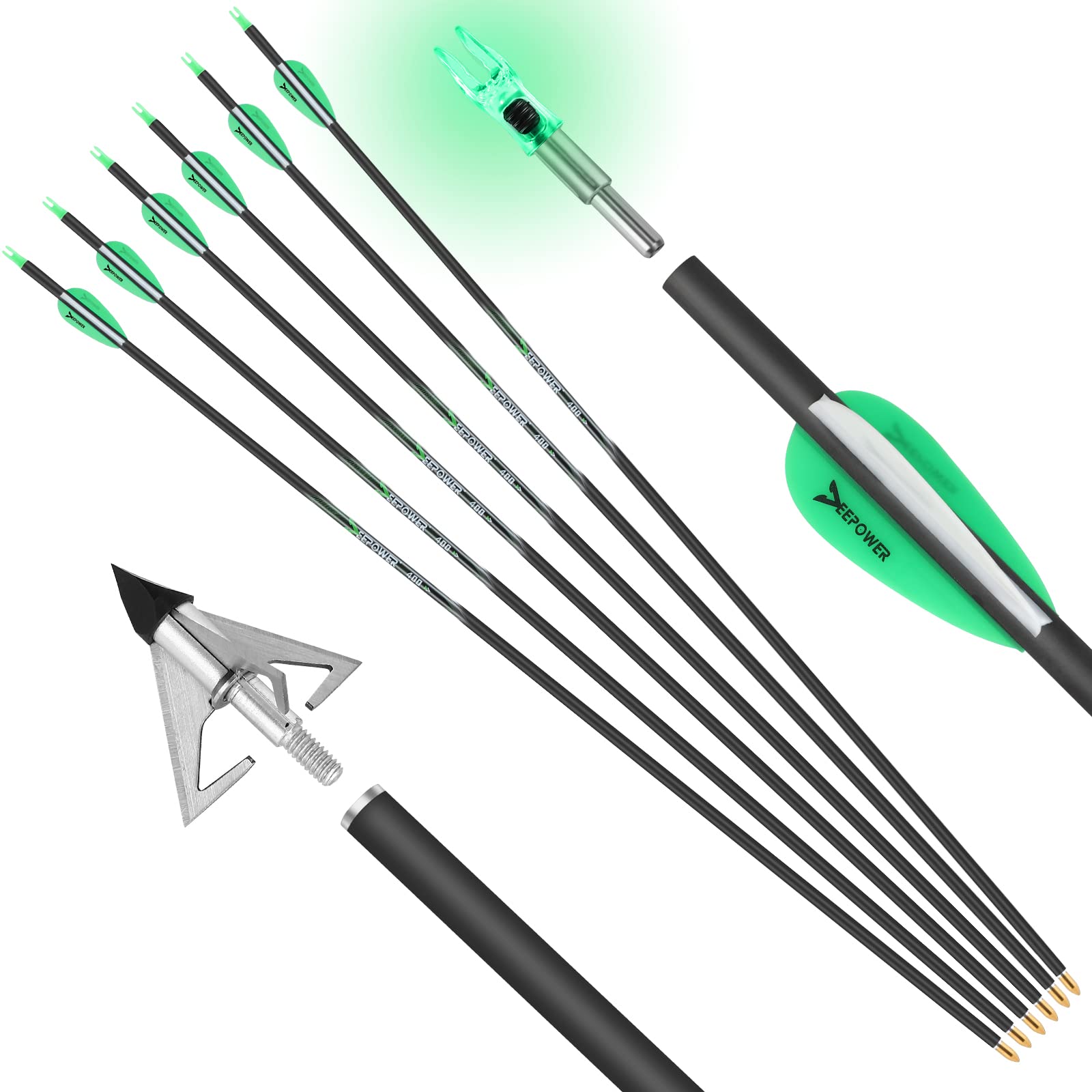 DEEPOWER 6 Pack 31 inch 100% Carbon Arrows with Lighted Nocks and Broadheads for Compound Bow and Recurve Bow Shaft Spine 350/400/500