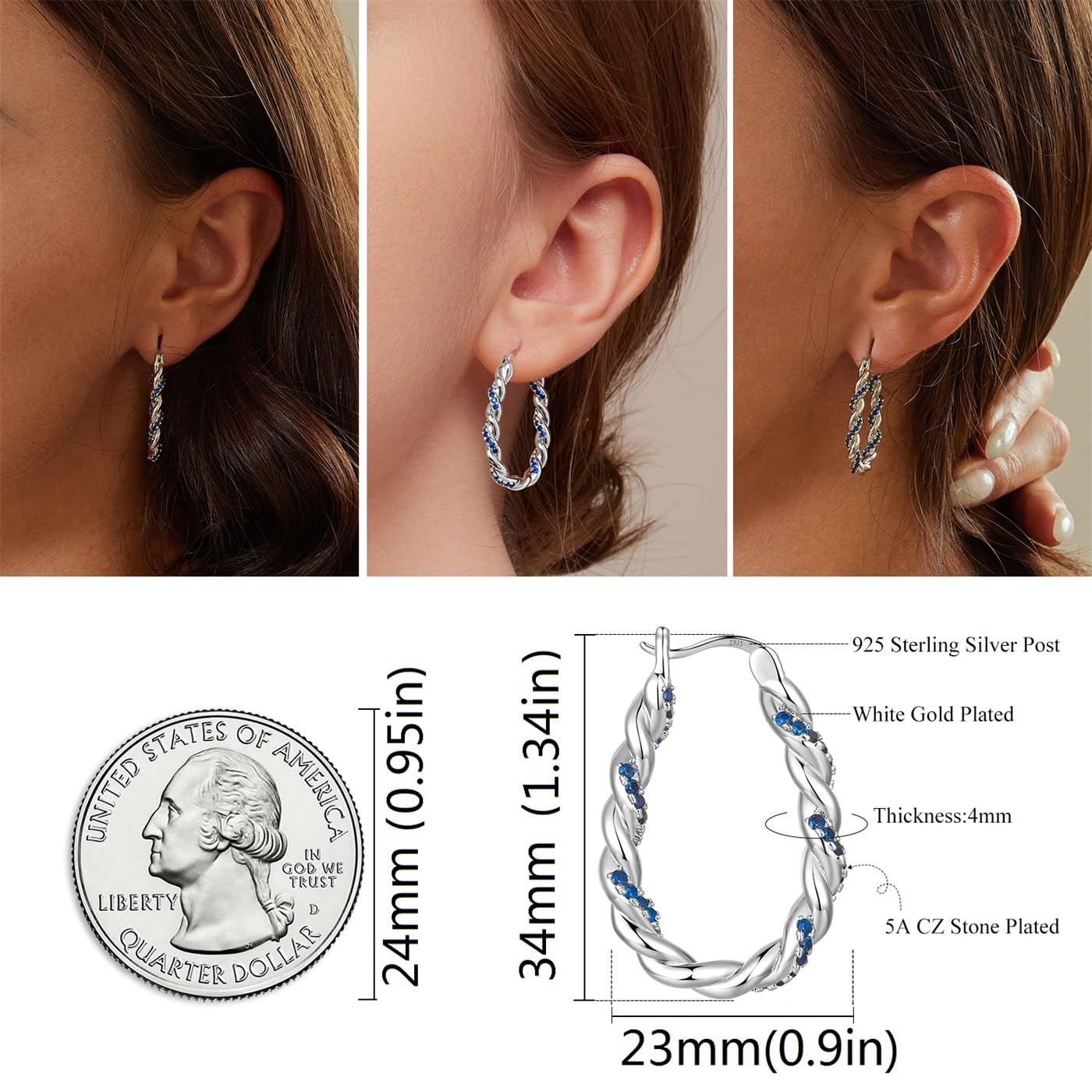 White Gold Plated Oval Hoop Earrings for Women 925 Sterling Silver Post Twist Hoop Earrings with Blue Cubic Zirconia Hypoallergenic Lightweight Earrings Jewelry Gifts