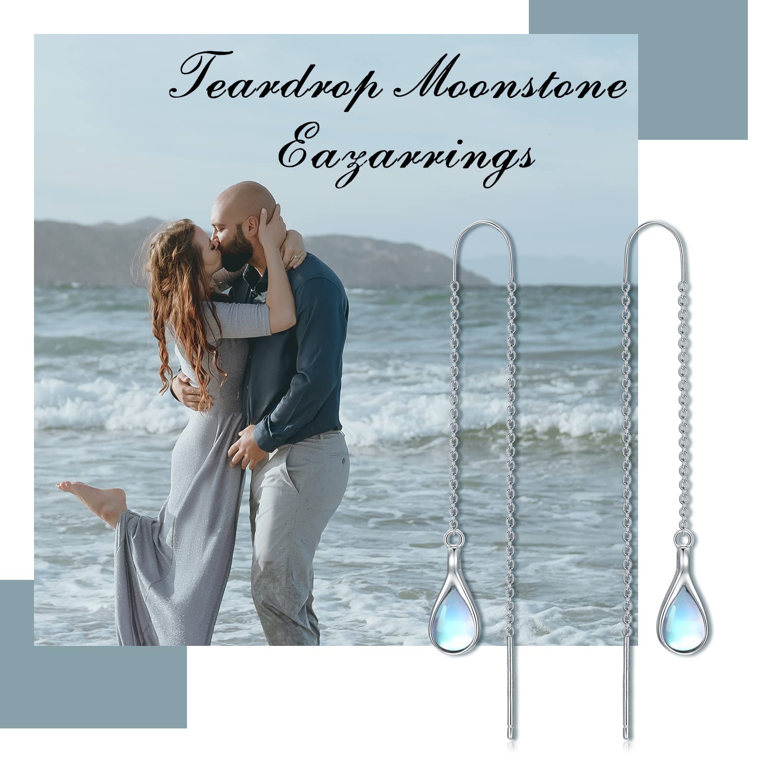 Moonstone Threader Earrings Long Chain Drop Earrings in 925 Sterling Silver