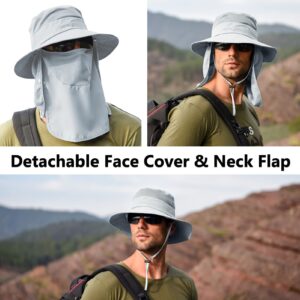 UPF 50+ Sun Fishing Hat for Men Women Wide Brim Hat with Detachable Face Cover & Neck Flap Light Grey