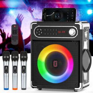 hwwr karaoke machine with 3 wireless uhf microphones for adults, portable bluetooth speaker, party speaker with disco lights for outdoor, pa system karaoke speaker support tws, unpowered cabinets