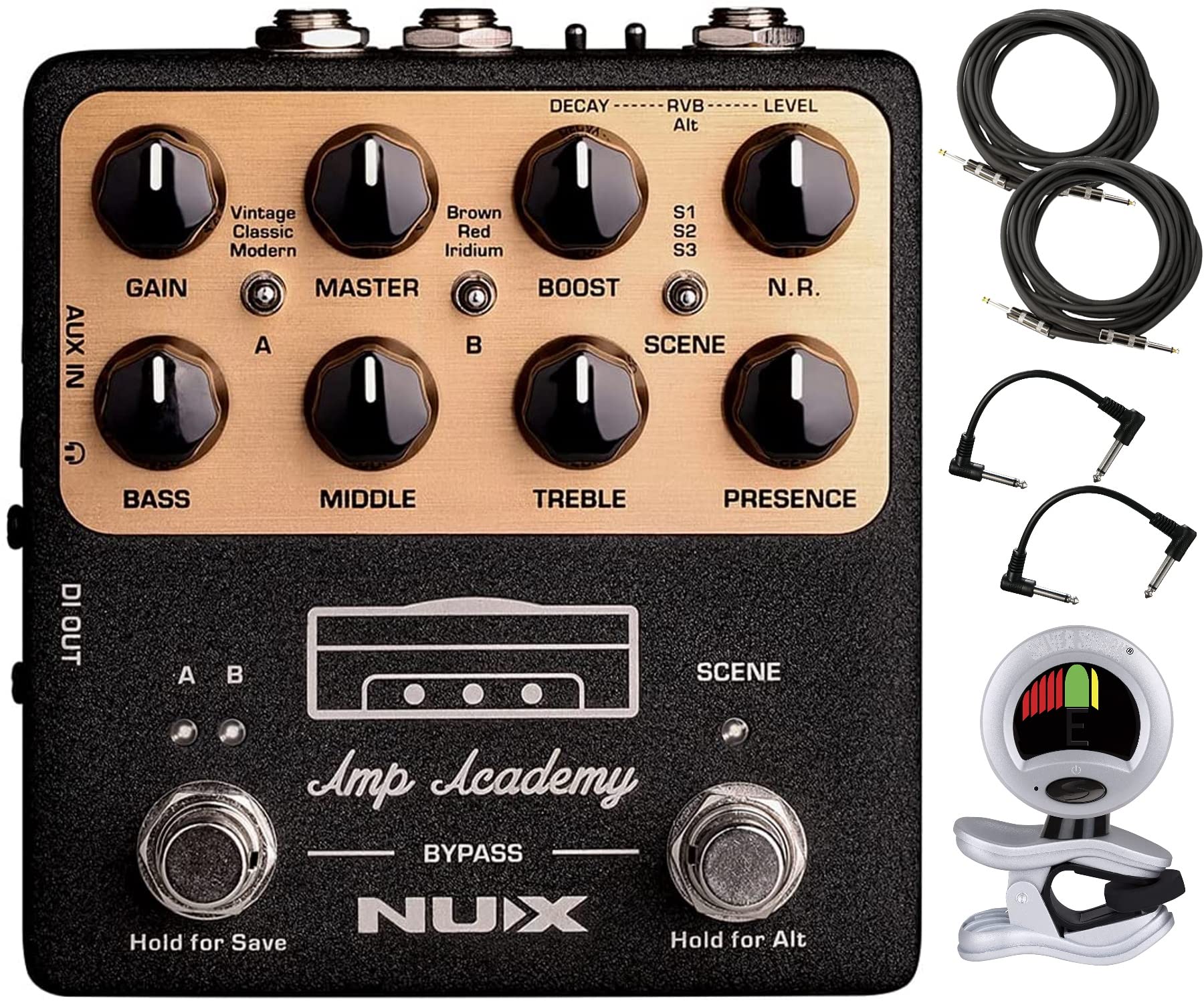 Briskdrop NUX NGS-6 Amp Academy Amp Modeler Guitar Pedal - Bundle with 2 Instrument Cables, 2 Patch Cables, and Snark Tuner, NGS-6bundle, Brown,Red