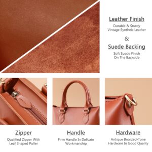 Top Handle Vegan Leather Satchel Bag For Women (Light brown Camel) Retro Faux Casual Purse Classic Vintage Simple Shoulder Handbag