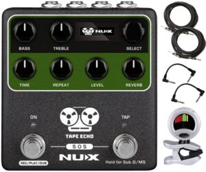 briskdrop nux ndd-7 tape echo delay effects pedal - bundle with 2 instrument cables, 2 patch cables, and snark tuner