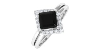 princess cut black onyx ring with diamond enhancer band, 5 mm, aaa quality, wedding engagement ring set for women, 14k white gold, size:us 6.00