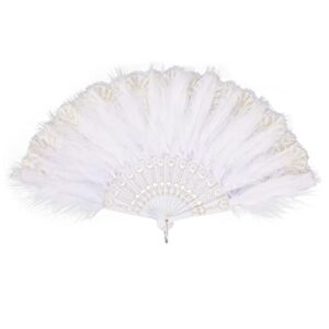 mwoot marabou feather fan, 1920s embroidered flower handheld feather fan, roaring 20s vintage style flapper hand fan for costume halloween dancing show tea party wedding decoration - white