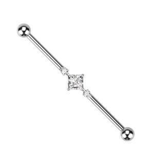 pierced owl 14ga g23 implant grade titanium 2 round cz crystals and square crystal center internally threaded industrial barbell (silver tone)