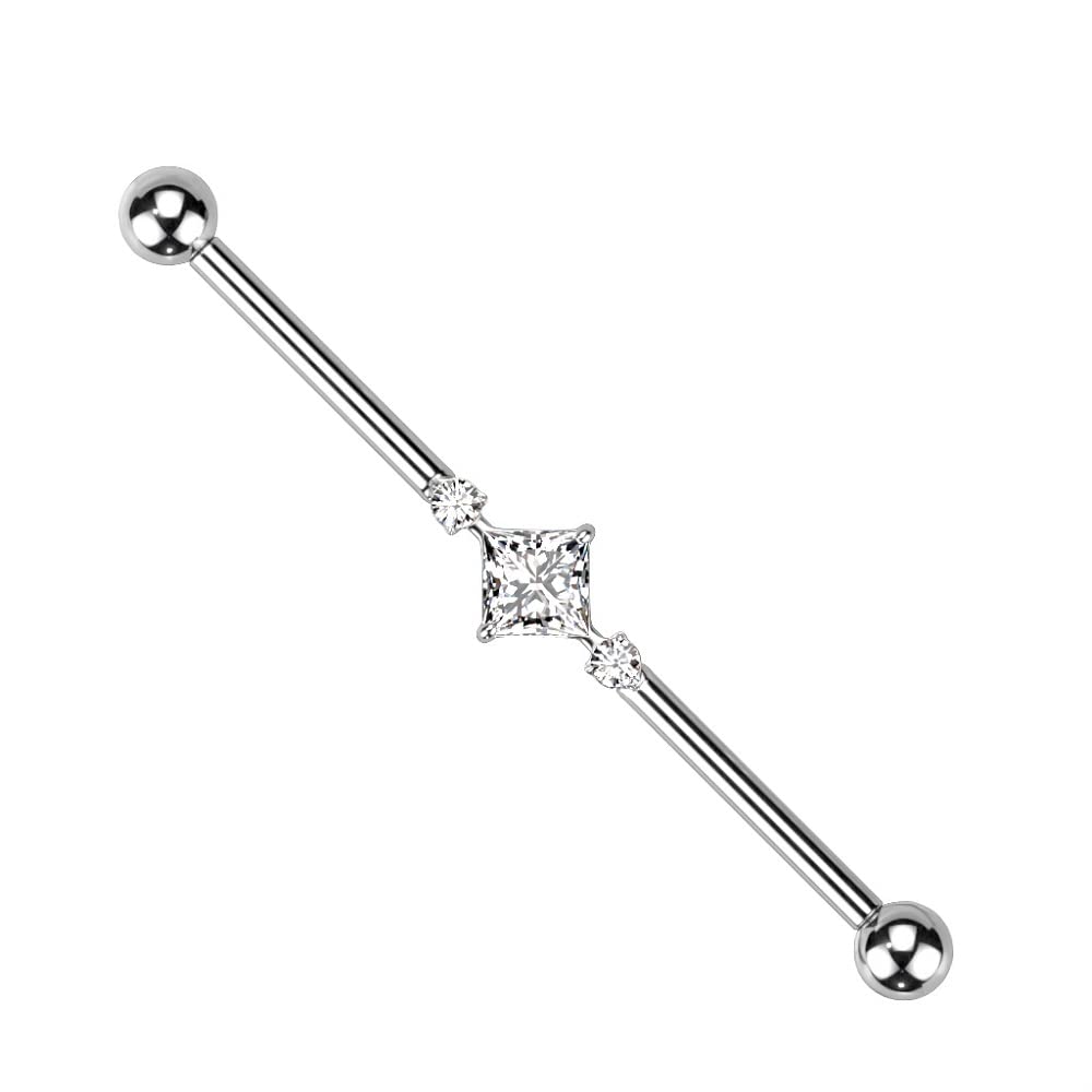 Pierced Owl 14GA G23 Implant Grade Titanium 2 Round CZ Crystals and Square Crystal Center Internally Threaded Industrial Barbell (Silver Tone)