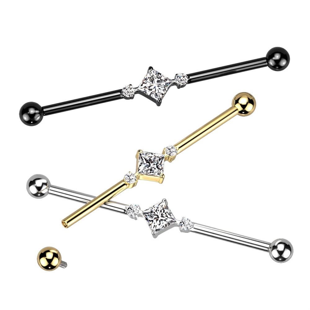 Pierced Owl 14GA G23 Implant Grade Titanium 2 Round CZ Crystals and Square Crystal Center Internally Threaded Industrial Barbell (Silver Tone)