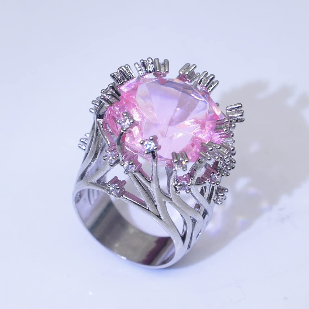 S925 Sterling Silver Creative Fashion Ladies Pink Crystal Ring Gemstone Ring CZ Princess Cut AAA Cubic Zirconia Pink Crystal Ring Cocktail Ring Engagement Wedding Ring Size 6-10 CZC716 (7)